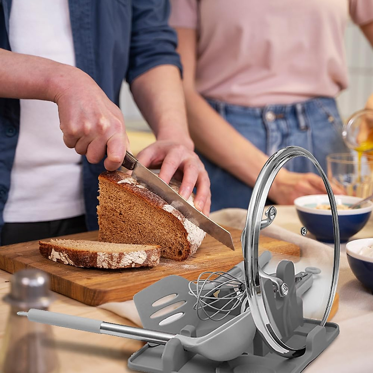 Cozihom Silicone Spoon Rest and Pot Lid Holder Stand for Kitchen Counter Top, Ladle/Spatula/Spoon/Tongs Holder, Food Grade Silicone, Heat Resistant, Anti-slip BPA-Free, Grey