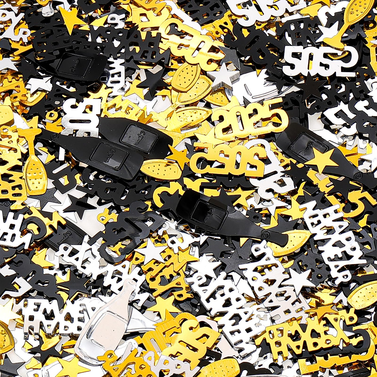 2025 New Year Party Decoration Supplies, New Years Confetti Decoration- Black, Gold, Silver Wine Bottle Glitter Sequins Star Foil Confetti for Happy New Year Eve Decorations Table Scatters