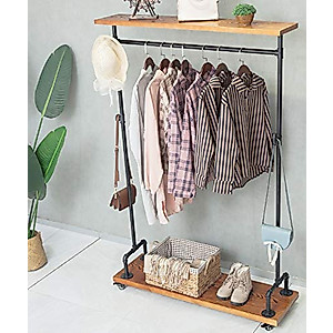 BIXIRAO Industrial Pipe Clothing Rack on Wheels, Rolling Iron Garment Racks with Wood Shelves, Commercial Heavy Duty Clothing Racks, Steampunk Clothes Rack Retail (Two Tiers 002)