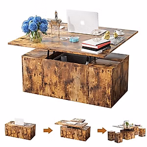 PAKASEPT Lift Top Coffee Table,3 in 1 Multi-Function Modern Dining Table with 4 Storage Bench,39.4” for Living Room Reception Room (Rustic Brown)