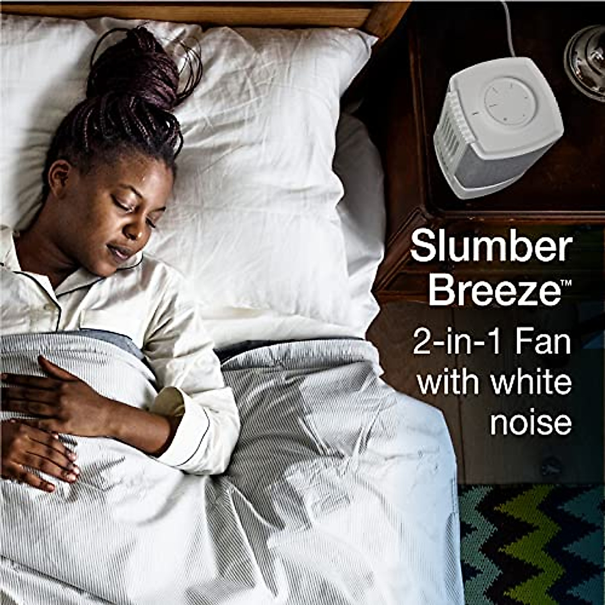 Lasko SB101 SlumberBreeze 2-in-1 Small Table Fan and White Noise Machine for Better Sleep in the Bedroom and Focus in the Home Office, White