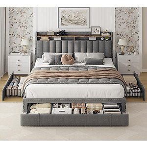 EnHomee Queen Bed Frame with 3 Drawers Upholstered Bed Frame Queen Size with Headboard, Queen Size Bed Frame, Queen Bed Frame with Storage, No Box Spring Needed, No-Noise, Easy Assembly, Grey