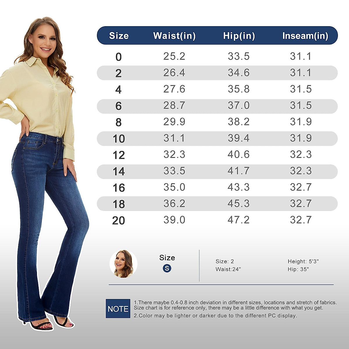 VIPONES Jeans for Curvy Women High Rise Bell Bottom Dark Blue Jeans(109,Size 8)