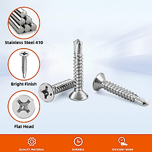 #6 x 1/2" Flat Head Self Drilling Screws Sheet Metal Screws, 410 Stainless Steel, 100 PCS