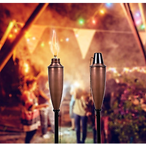 BIRDROCK HOME 4 Pack Round Outdoor Torches - Bronze - Flame Light Torch - Backyard Garden Patio Lighting - Metal Lamp - Decorative Urban Lantern