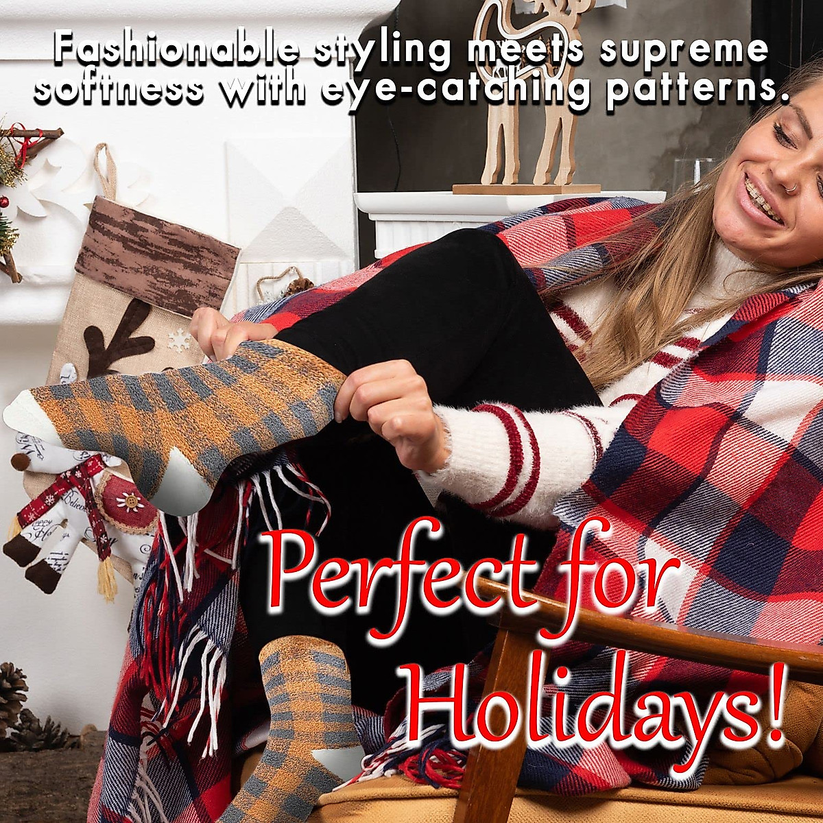 World's Softest Cozy Collection Crew Socks - Smooth Multi Colors Cozy Socks - Knit Top Holiday Spirit Fashion Socks (Fall Gingham)