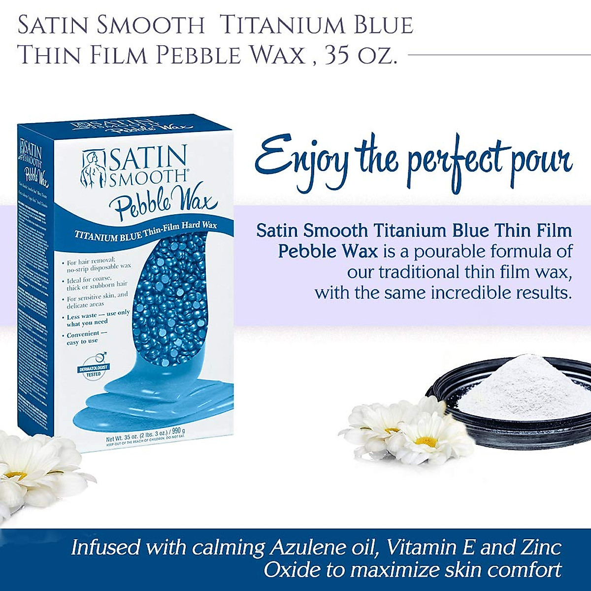Satin Smooth Titanium Blue Hard Wax with Azulene Oil & Vitamin E, Thin Film Pebble Wax for Coarse Hair, Brazilian Bikini Waxing, Ideal for Sensitive Skin, Hair Removal Wax, 35oz