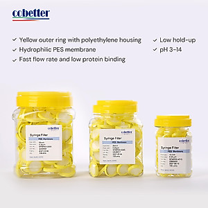 COBETTER 100 Pack PES Syringe Filter Lab Filters 0.22μm Pore Size 13mm Diameter Hydrophilic Filtration Non-sterile Yellow
