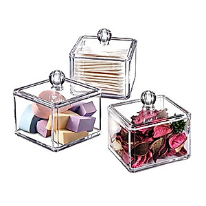 KW Collection Square Acrylic Cotton Ball Pads Gauze Swab Holder Organizer Q-tip Dispenser Storage Canister Bathroom Container Flossers Box Case (3.5 x 3.5 x 3 inches, Single Tier, Transparent)