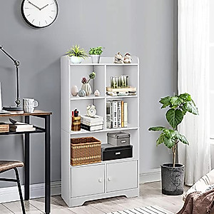 Giantex 4-Tier Bookcase with Doors, 47.5" Tall Freestanding White Bookshelf with 3 Shelves, 4 Cubes Storage Cabinet Organizer for Kids Room Office Living Room Bedroom Study