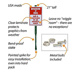 SmartSign Beware of Dog Sign, Dog Contained by an Invisible Fence Sign for Yard, Lawn, Home Security Signs, 21 Inches Bend-Proof Stake & Metal Sign Kit, 10x7 Inches Aluminum Sign