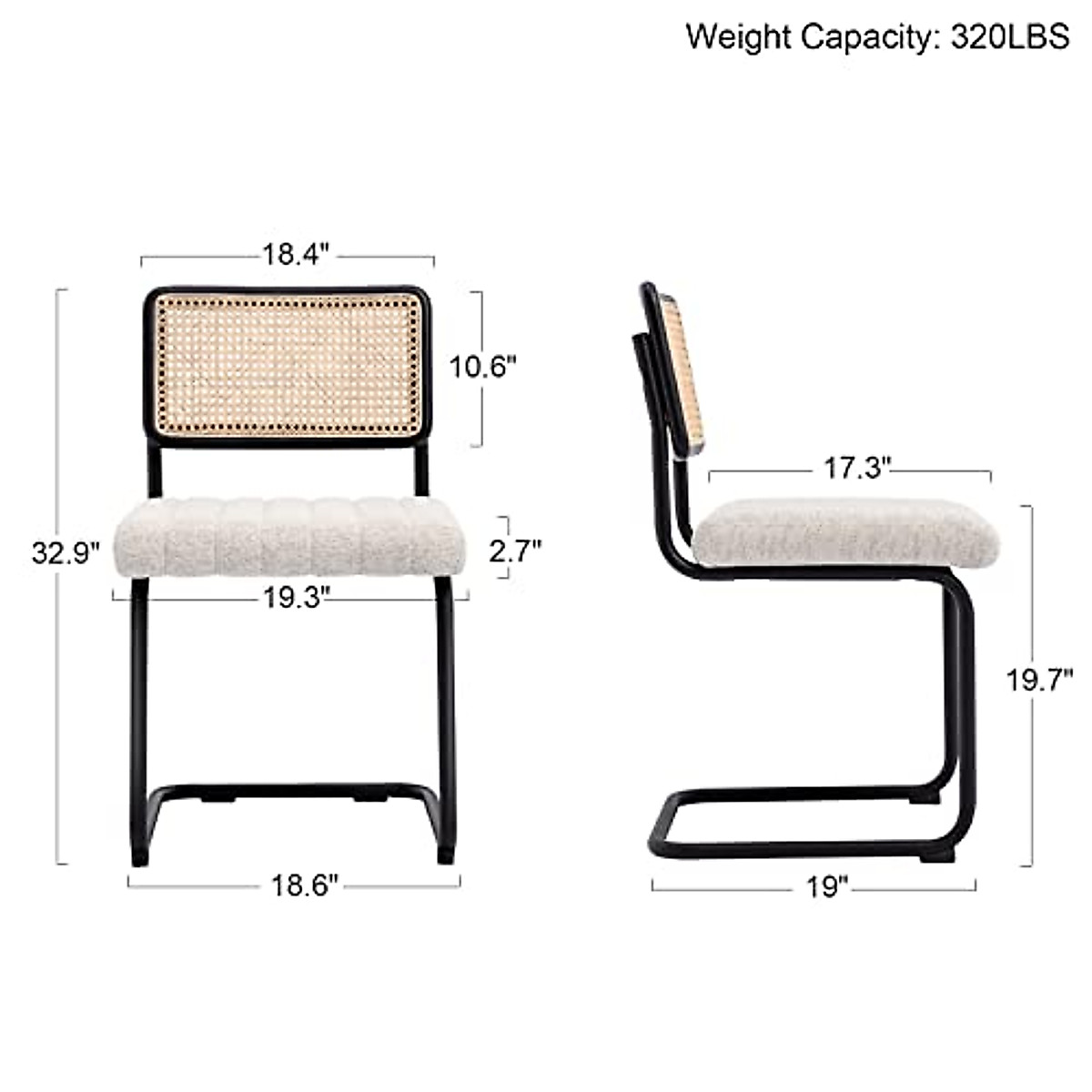 ONEVOG Rattan Dining Chair with Cane Backrest and Metal Frame, Set of 2, Indoor Furniture for Kitchen, Living Room, Bedroom, Guest Room, Restaurant(Beige)