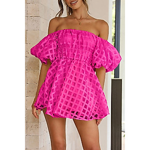 PRETTYGARDEN Women's Off The Shoulder Babydoll Dress Short Puff Sleeve Casual A Line Ruffle Summer Dresses (Plaid Rose Red,Medium)