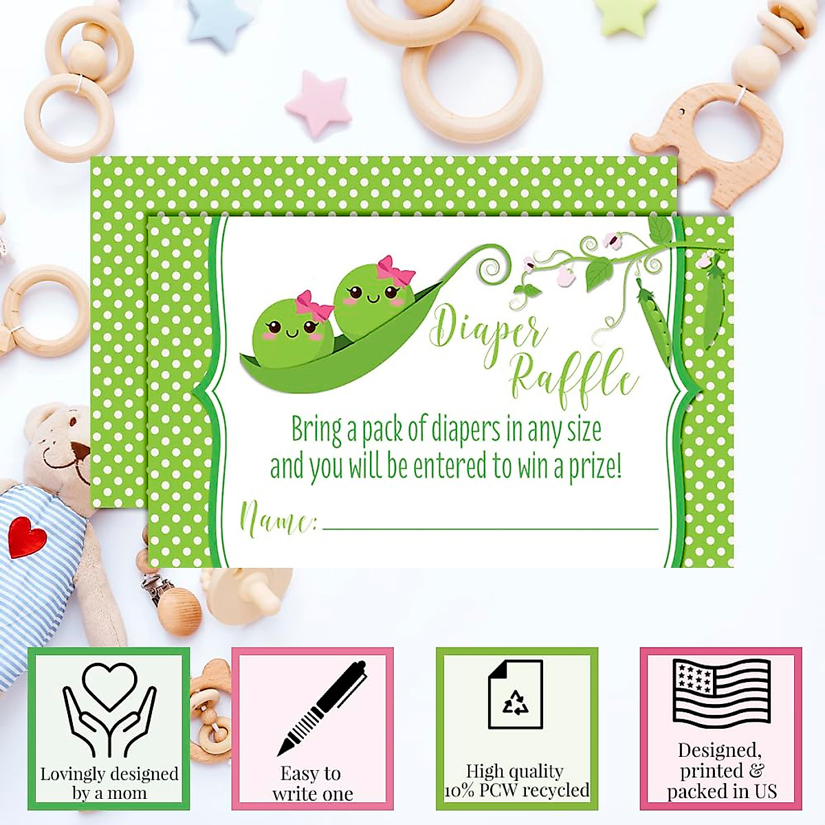 Two Peas In A Pod Twin Girls Diaper Raffle Tickets for Baby Showers, 20 2" X 3” Double Sided Insert Cards for Games by AmandaCreation, Bring a Pack of Diapers to Win Favors & Prizes!