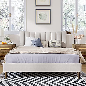 Mancofy Queen Size Upholstered Platform Bed Frame with Tufted Curved Headboard, Bedroom Furniture Heavy Duty Wood Platform Bed with Strong Wood Slat Support, No Box Spring Needed (Cream)