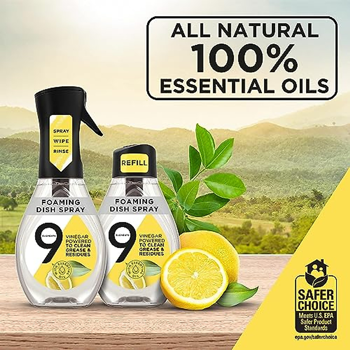 9 Elements Natural Dish Soap, Dishwashing Liquid with Lemon Essential Oils, Made with the Power of Vinegar, 1 Dish Spray Starter Kit & 3 Refills (64 oz Total)