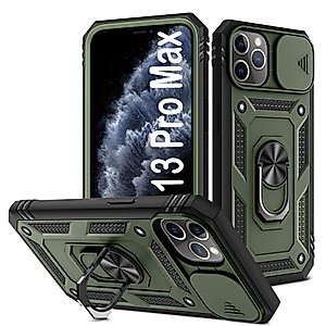 PASNEW for iPhone 13 Pro Max Case Military,Camera Cover Slide & Magnetic Ring Kickstand,Multi-Layer Rugged Heavy Duty Full Body Shockproo Hard Shell 13Promax,Army Green