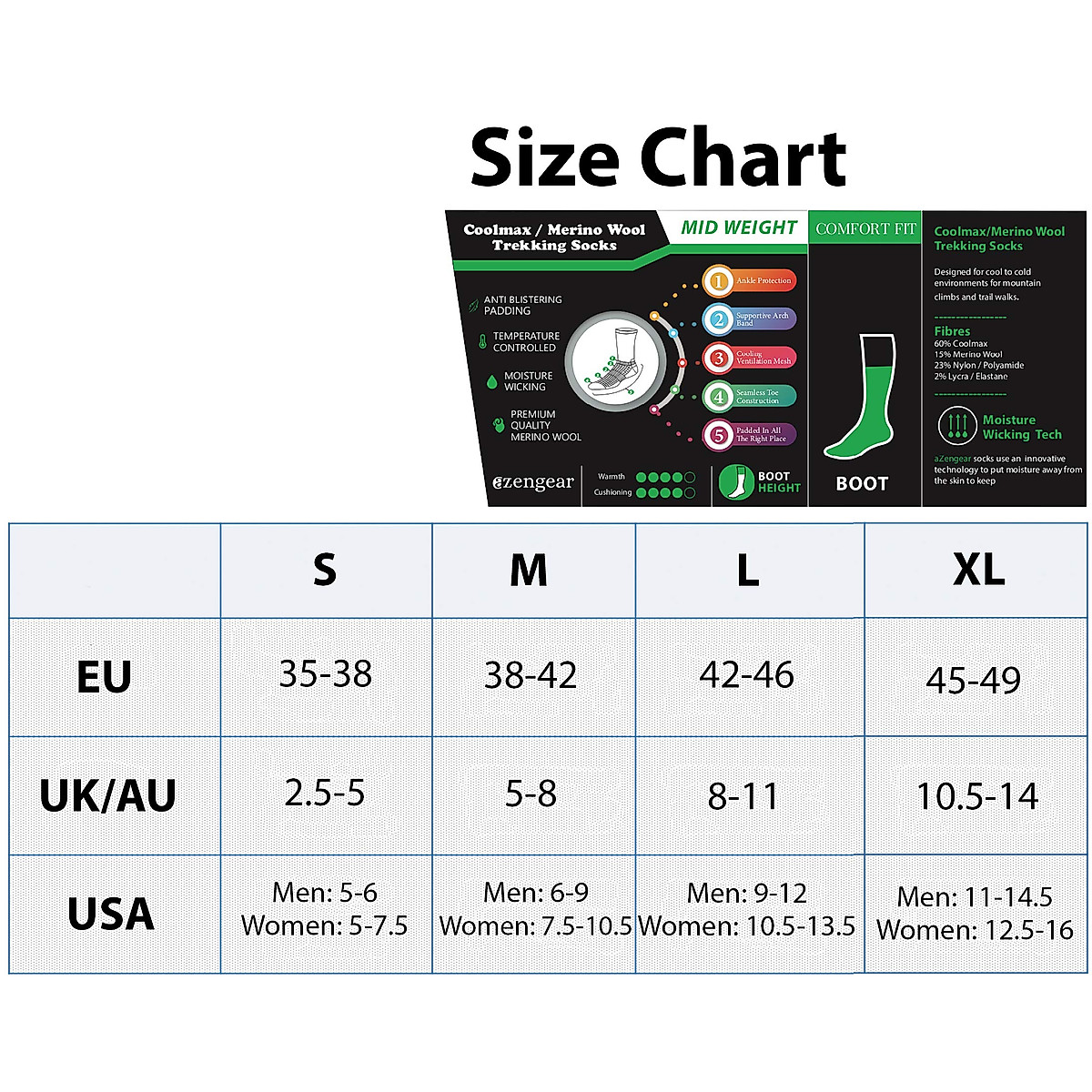 aZengear Premium Coolmax Merino Wool Hiking Socks for Men & Women - Trekking - Seamless Toe - Cushioned - Breathable & Soft - L