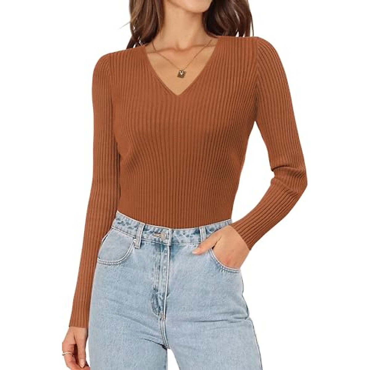 ONLYSHE Women's Long Sleeve Knit Shirts Fall V Neck Pullover Basic Tops Slim Fitted Ribbed Sweaters Fashion Clothes,Caramel L