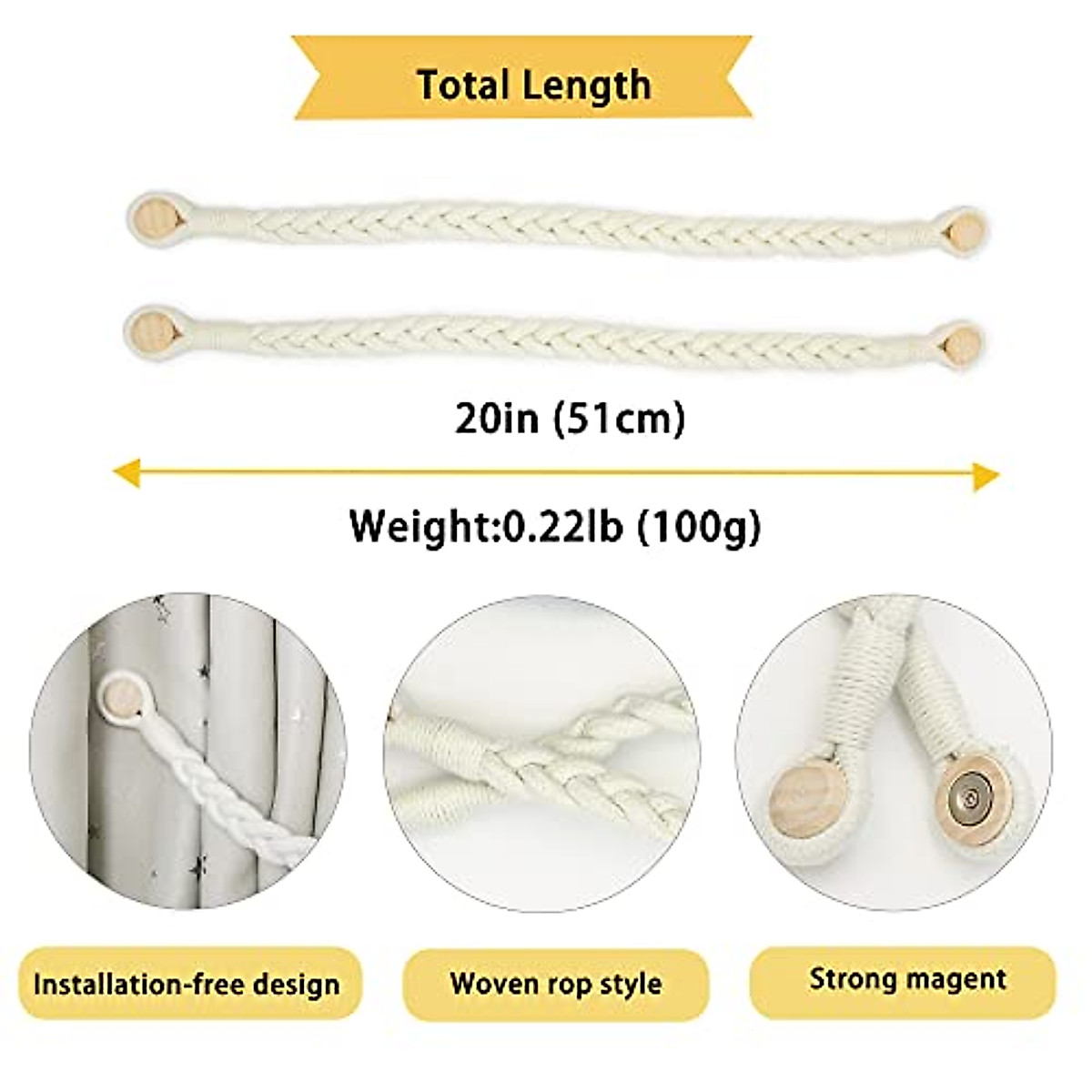 VENLOIS Strong Magnetic Curtain Tiebacks White 2pcs Heavy Duty Curtain Rope Tieback Curtain Holdbacks Holders for Home Bedroom Office Decorative Curtain