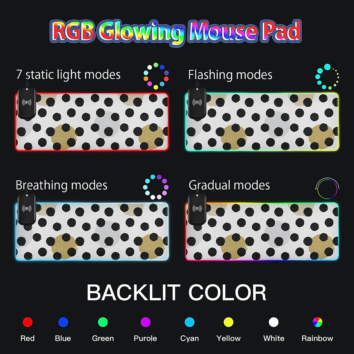 Polka Dot Wireless Charging Mouse Pad for Mobile Phone Extra Large Gaming Mousepad with 13 Lighting Modes Mouse Mat for Gaming MacBook PC Laptop Desk Home Office