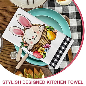 Seliem Easter Bunny Rabbit Kitchen Dish Towel Set of 2, Cute Eggs Flowers Hand Towel Black White Buffalo Plaid Check Drying Baking Cooking Cloth, Funny Spring Holiday Kitchen Decor 18x26 Inches