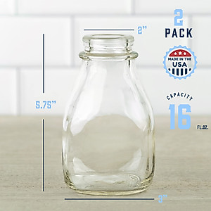 Kitchentoolz 16 Oz Glass Milk Bottle with Lid - 16 Ounce Short and Wide Glass Milk Container for Refrigerator with Tamper Proof Lid and Pour Spout - Pack of 2