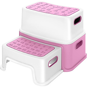 2 Step Stools for Kids, Anti-Slip Toddler Step Stool for Bathroom Sink, Two Step Stool for Toddlers Toilet Potty Training, Toddler Stool for Kitchen Counter Bedroom, Pink