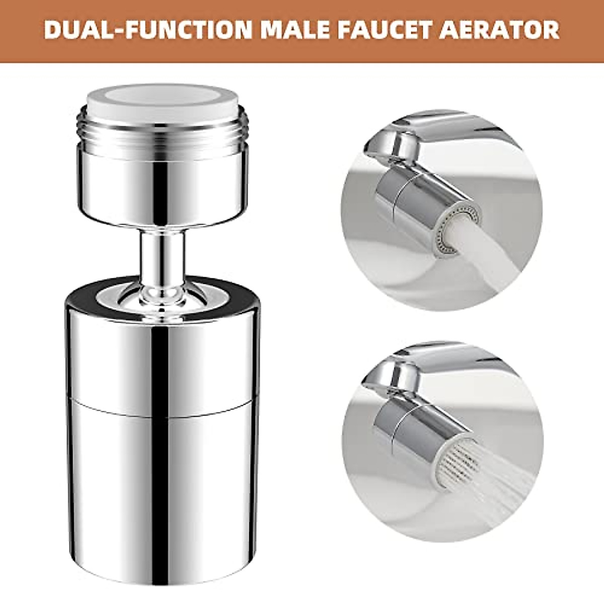 Sink Faucet Aerator, 360 ° Swivel Bathroom Faucet Aerator, Dual Function Kitchen Faucet Aerator,Big Angle High Pressure Large Flow Aerator,Polished Chrome-15/16 Inch-27UNS Male Thread