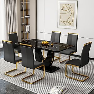 Btikita Dining Table Set for 6, Kitchen Table Chairs Set of 6, Modern Dining Room Set with 63 inch Marble Dinner Table PU Leather Upholstered Chairs for Dining Room Kitchen