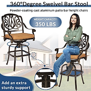 SOCIALCOMFY 5 Piece Bar Height Patio Dining Set, All Weather Cast Aluminum Swivel Bar Stools Chair Set of 4 and 35.4" High Bar Table W/Umbrella Hole, Outdoor Bar Table & Chairs Set for Deck Garden