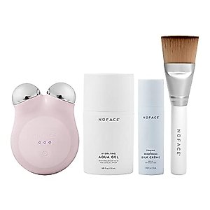 NuFACE Mini+ Starter Kit – Petite Facial Toning Device with Aqua Gel Activator 1.69 Oz, Silk Crème Activator 0.5 Oz + Clean Sweep Applicator Brush - Sandy Rose