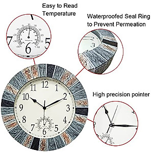 UMEXUS Indoor Outdoor Clock and Thermometer, 13 Inch Large Waterproof Wall Clocks, Retro Silent Non-Ticking Battery Operated Weatherproof Clock for Patio, Pool, Lanai, Fence, Garden (Brown)