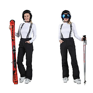 fit space Warm Ski Pants for Women Zip-Off Suspenders Winter Snow Bibs Waterproof Breathable Stretch (Large, Black)