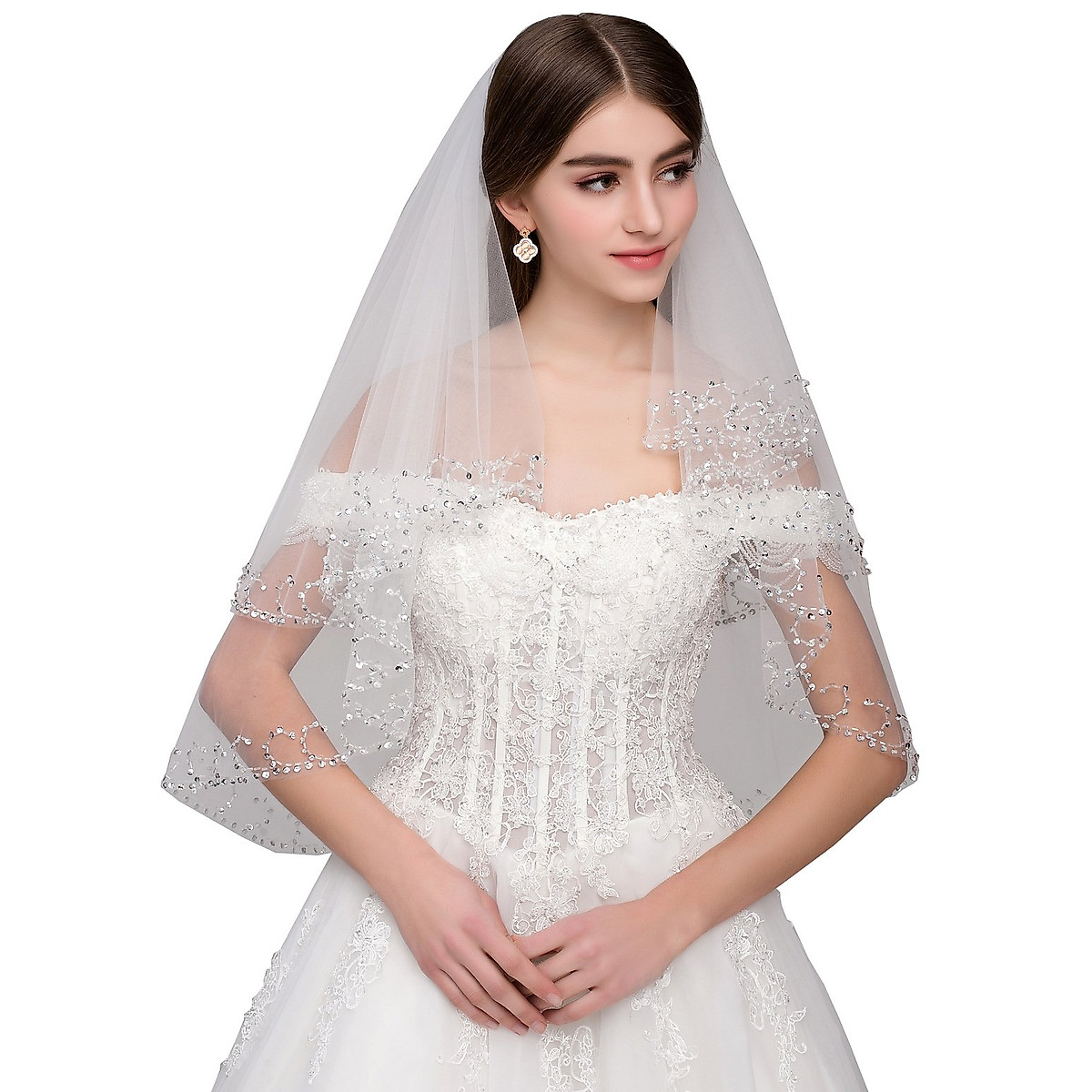 Malishow 2 Tiers Beaded Wedding Veil Sequin Pearl Edge Bling Bridal Veils New white