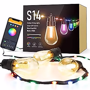 RGB & Warm White 50ft Smart String Lights Outdoor with Rope Fairy, Waterproof Shatterproof Bluetooth APP Remote Control Color Changing Dimmable Patio Lights for Balcony, Backyard, Party, Holiday RGBw