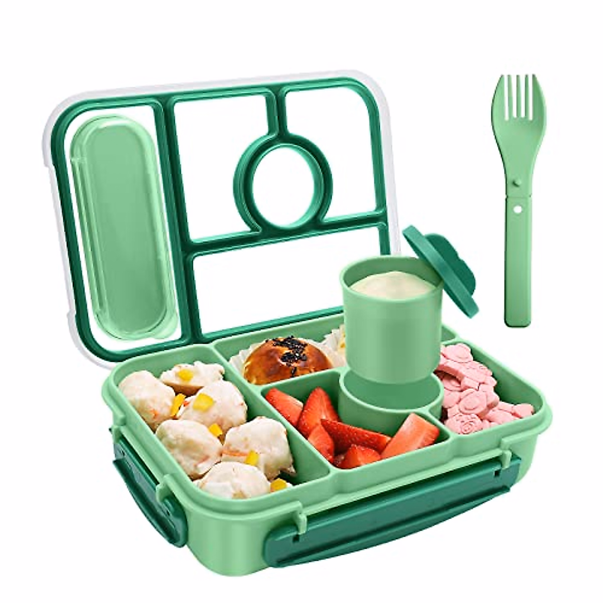 Amathley Bento box adult lunch box,lunch box kids,lunch containers for Adults/Kids/Toddler,5 Compartments bento Lunch box for kids with Sauce Vontainers,Microwave & Dishwasher & Freezer Safe, BPA Free(Green)