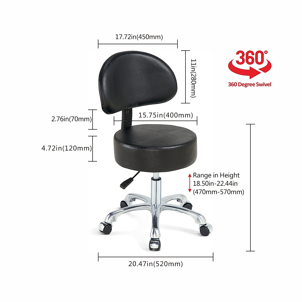 Lilfurni Swivel Rolling Stool Round Chair,Thick Sturdy Padding,Adjustable Stool with Wheels for Doctor,Medical,Massage Salon,Office,Shop(Black) (with Back, Black)