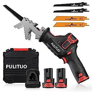 PULITUO Cordless Reciprocating Saw, Speed 3000SPM with Clamping Jaw, Including 2000 mAh/ 1-Hour Fast Charge,Safety Gloves& Goggles, 4Pcs of Saw Blades for Wood