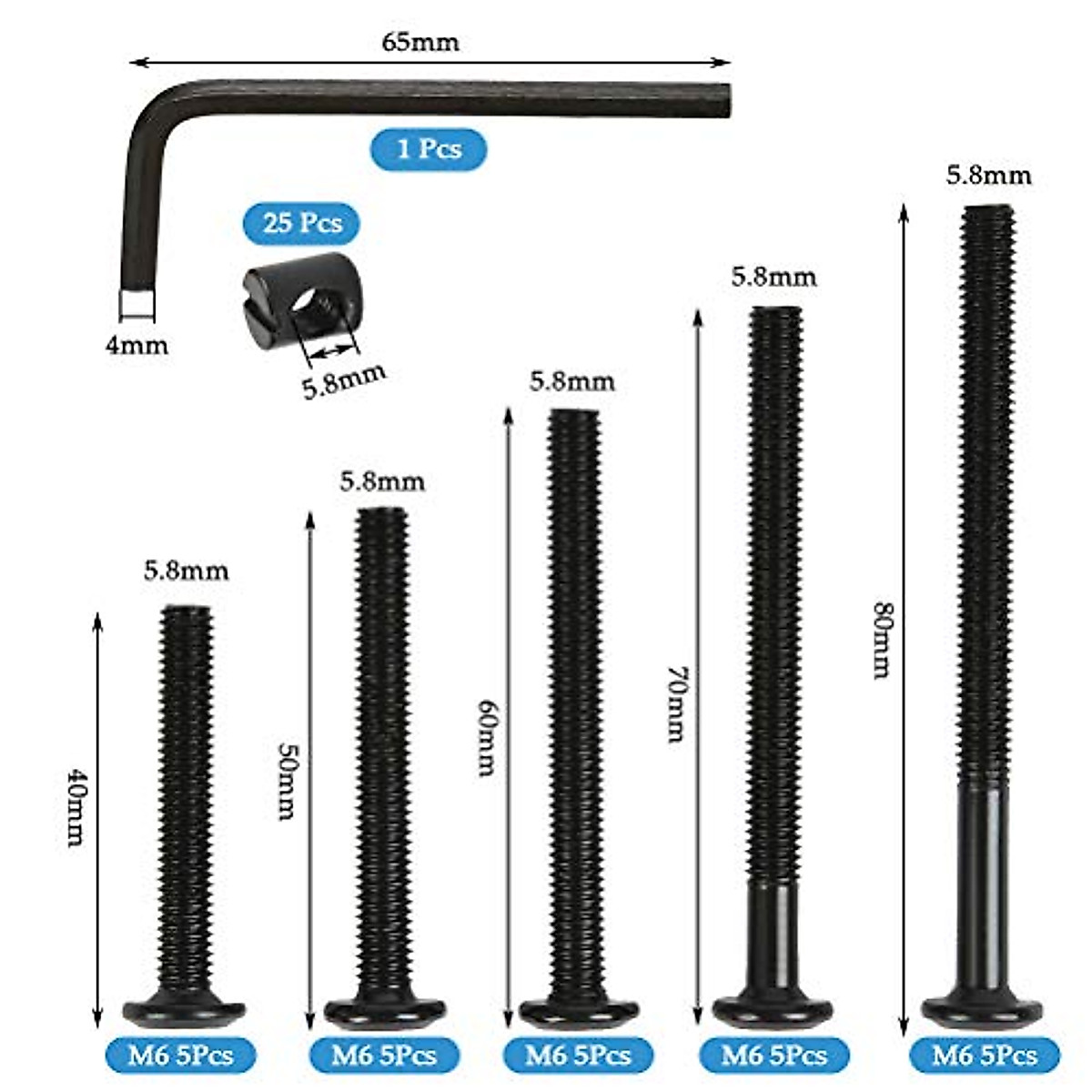 Baby Bed Crib Screws Hardware Replacement Kit, QLOUNI 50Pcs Hex Drive Socket Cap Screws, M6x40mm/ 50mm/ 60mm/ 70mm/ 80mm Barrel Nuts Assortment Kit for Beds Headboards Chairs Furniture (Black)
