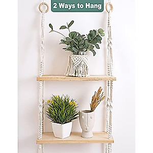Easever Hanging Shelves Boho Room Decor, 3-Tier Boho Wooden Plant Shelves, Macrame Wall Hanging Storage Shelves, Boho Decor for Apartment, Bathroom, Living Room, Bedroom
