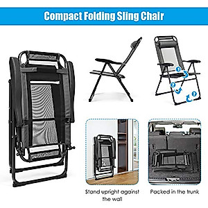 Giantex Set of 2 Patio Dining Chairs, Folding Lounge Chairs with 7 Level Adjustable Backrest, Headrest, 300 Lbs Capacity, Outdoor Portable Chairs with Metal Frame (2, Gray)