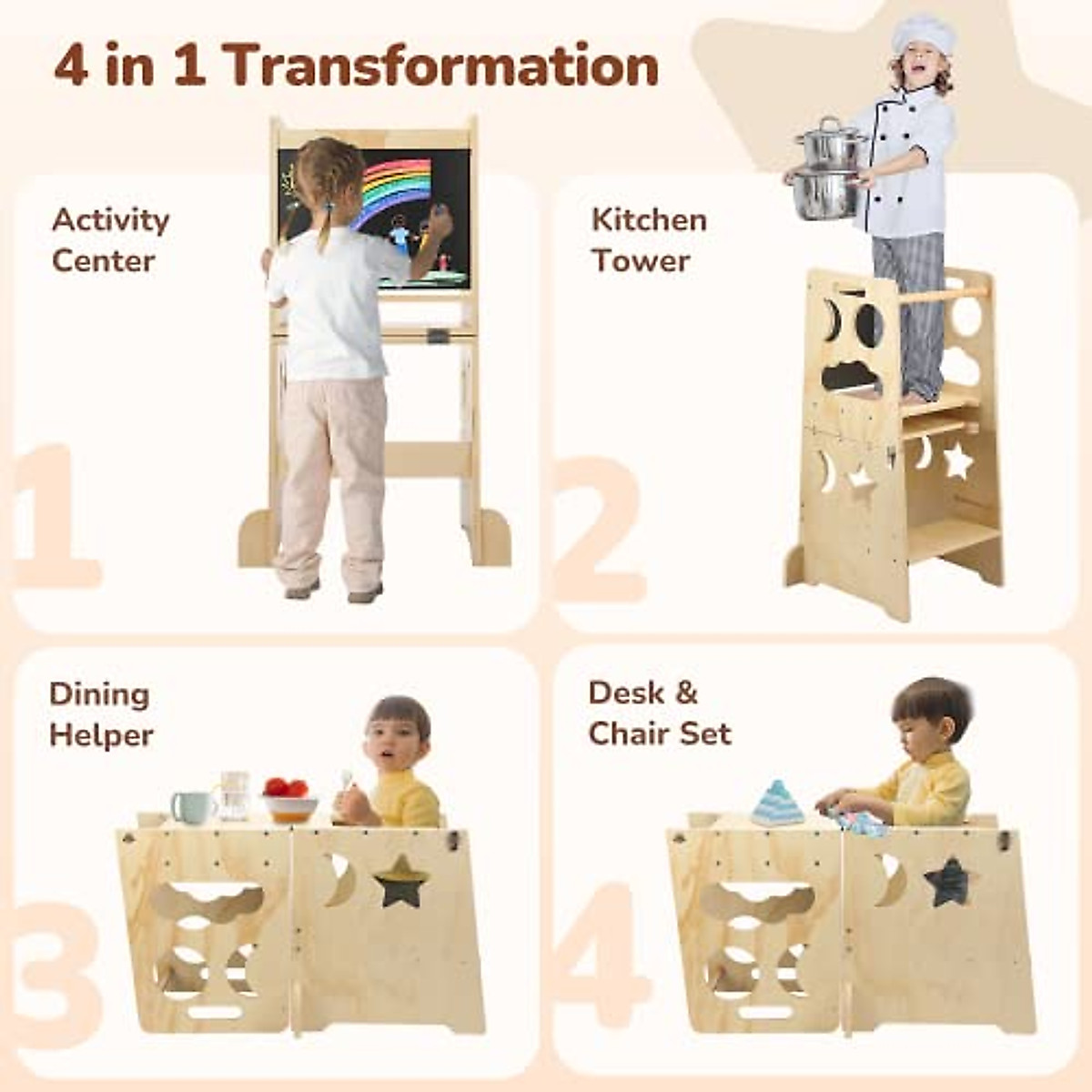 4 in 1 Convertible Learning Tower for Toddlers, MONBLAM Foldable Kitchen Step Helper Stool with Adjustable Height & Safety Rail for 1.5-5Y Kids Kitchen Bathroom Counter