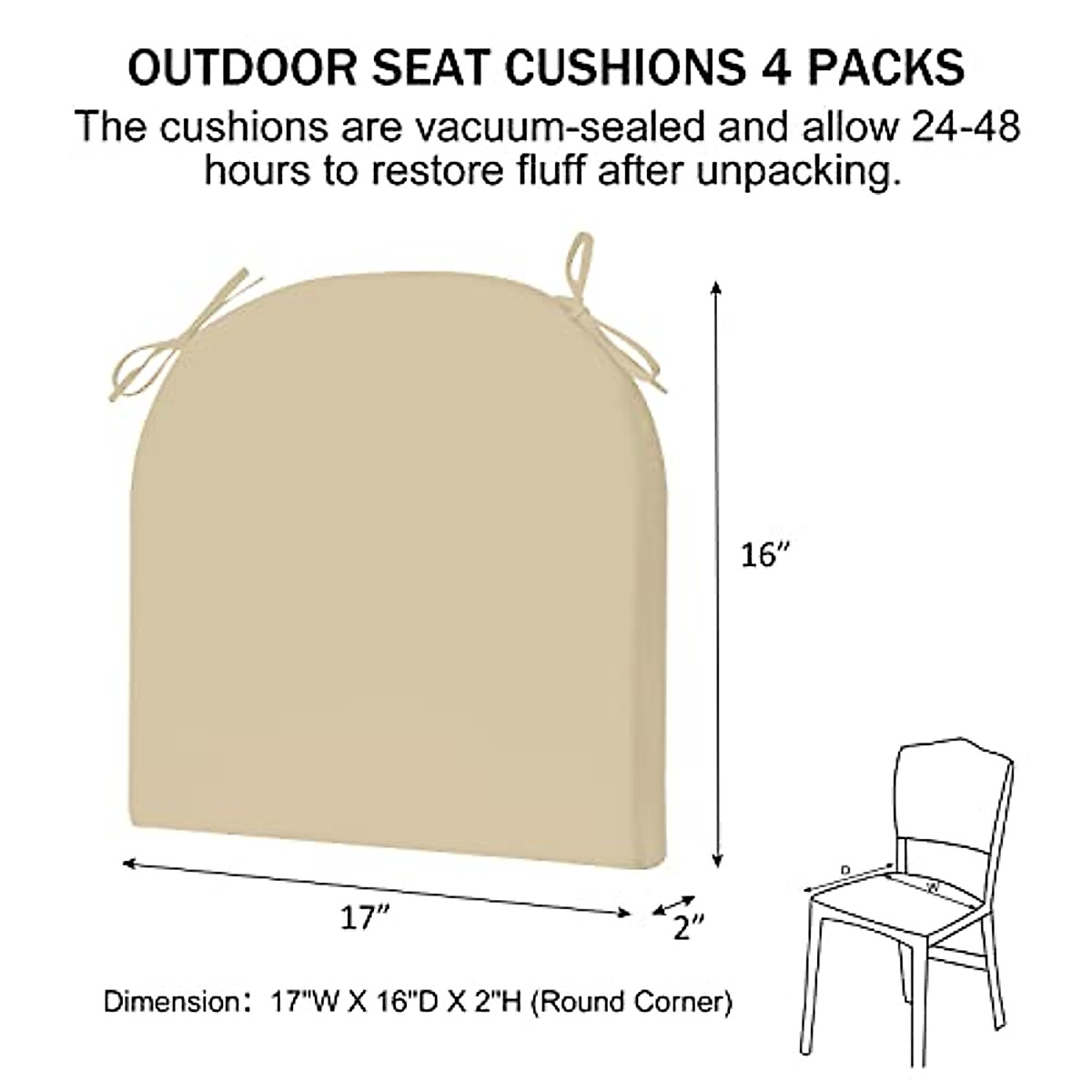 downluxe Outdoor Chair Cushions, Waterproof Round Corner Memory Foam Seat Cushions with Ties for Garden Patio Funiture, 17" x 16" x 2", Khaki, 4 Pack