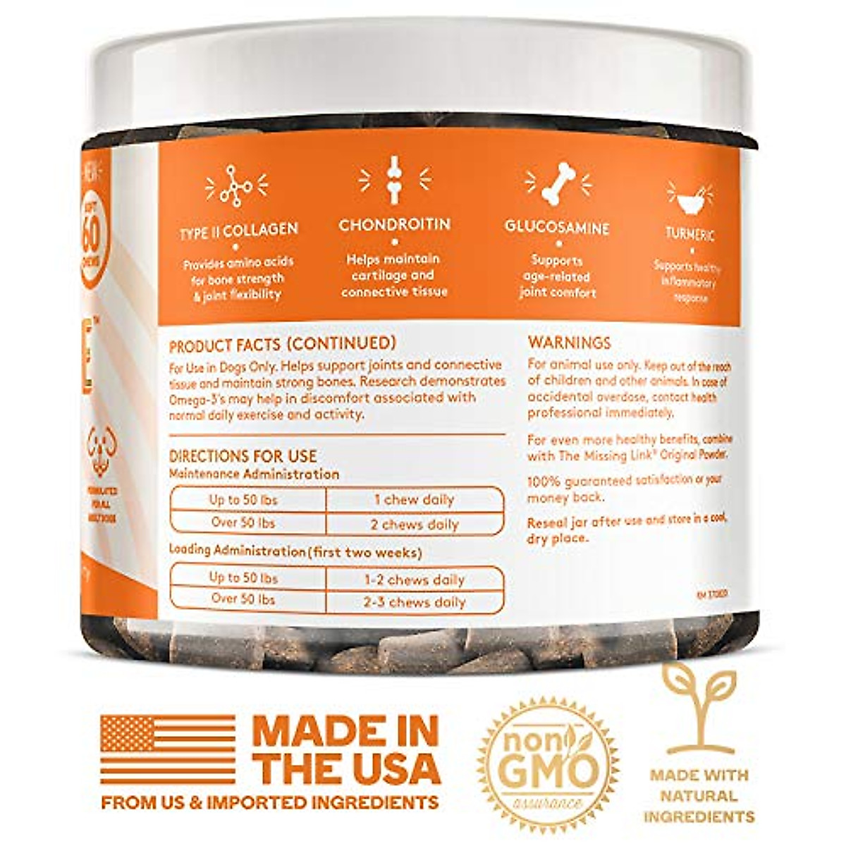 The Missing Link Collagen Care Soft Chew Nutritional Treats for Dogs - Collagen, Glucosamine, Chondroitin & Turmeric - Mobility & Anti-Inflammatory Support - Hip & Joint 60 Count