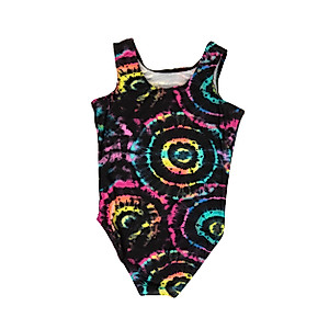 Destira Groovy Totally Tie Dye Girl's Gymnastic Leotard, Black With Multicolored Swirls, Ultra-Soft Leo With Matching Scrunchie, Child L (10)