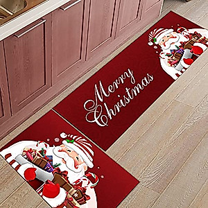 2 Piece Santa Claus Kitchen Rug Set Merry Christmas Indoor Floor Mats for Winter, Xmas Door Mat Runner Rug Carpet Mat for Kitchen Home Decor (15.7" x 23.6"+15.7" x 47.2") - Santa Claus Hold Gifts