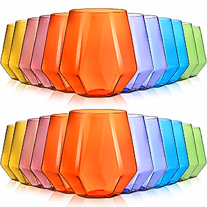 Gerrii 24 Pcs 12oz Diamond Plastic Stemless Wine Glasses Bulk for Summer Hawaiian Party Favors Colorful Drinking Cups for Kids Party Reusable Shatterproof Glasses for Wedding Bridal Party Baby Shower