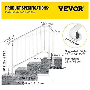 VEVOR Handrail for Outdoor Steps, 3-4 Steps White Fence Outdoor Handrail, Adjustable Metal Staircase Handrail, Thickened Stair Railings for Porch Railing, Deck Handrail