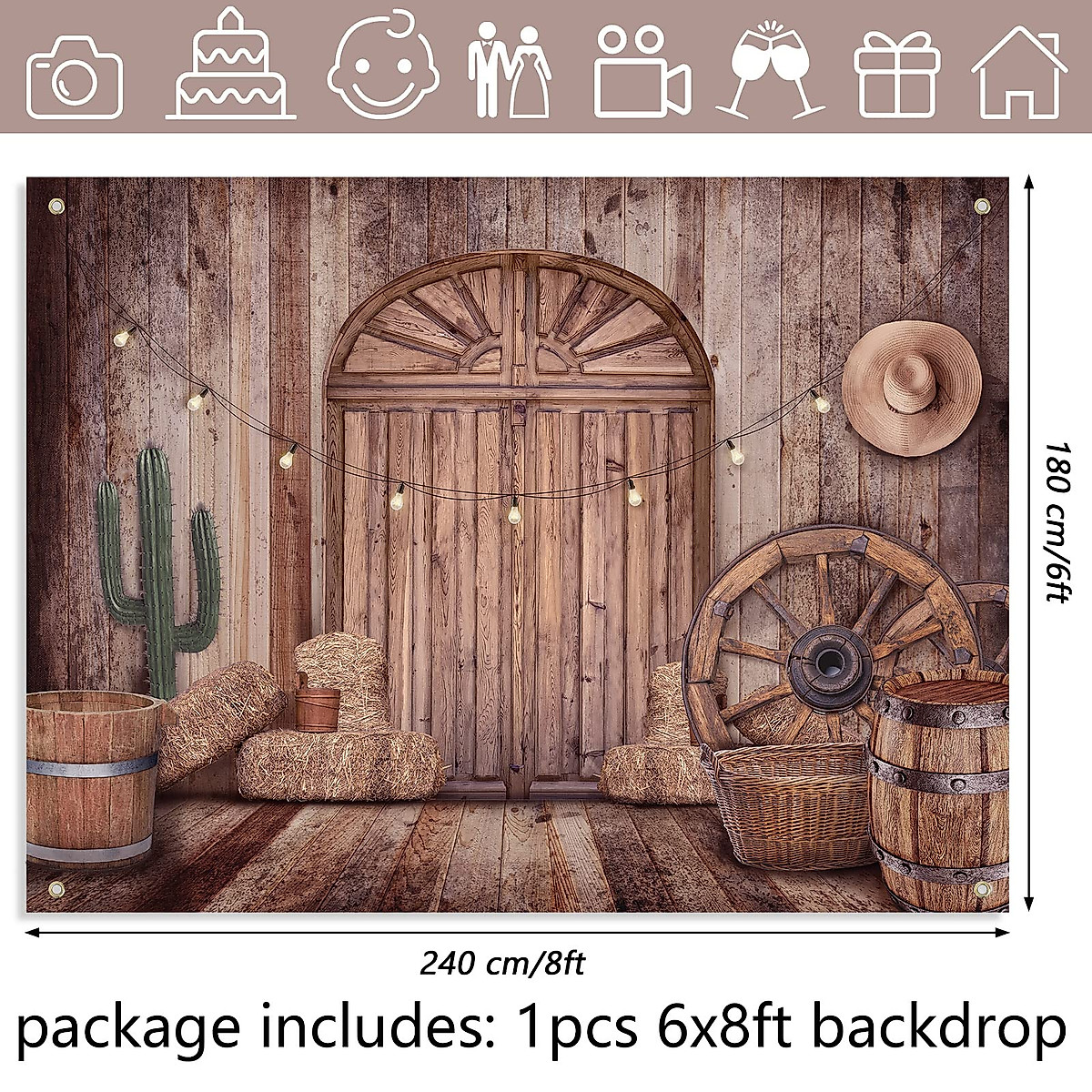 Cowboy Decorations Backdrop Western Party Decorations Rustic Background Banner Props Barn Farm Wild West Party Backdrop Vinyl Cowboy Birthday Supplies for Birthday Country Photography(6 x 8 ft)